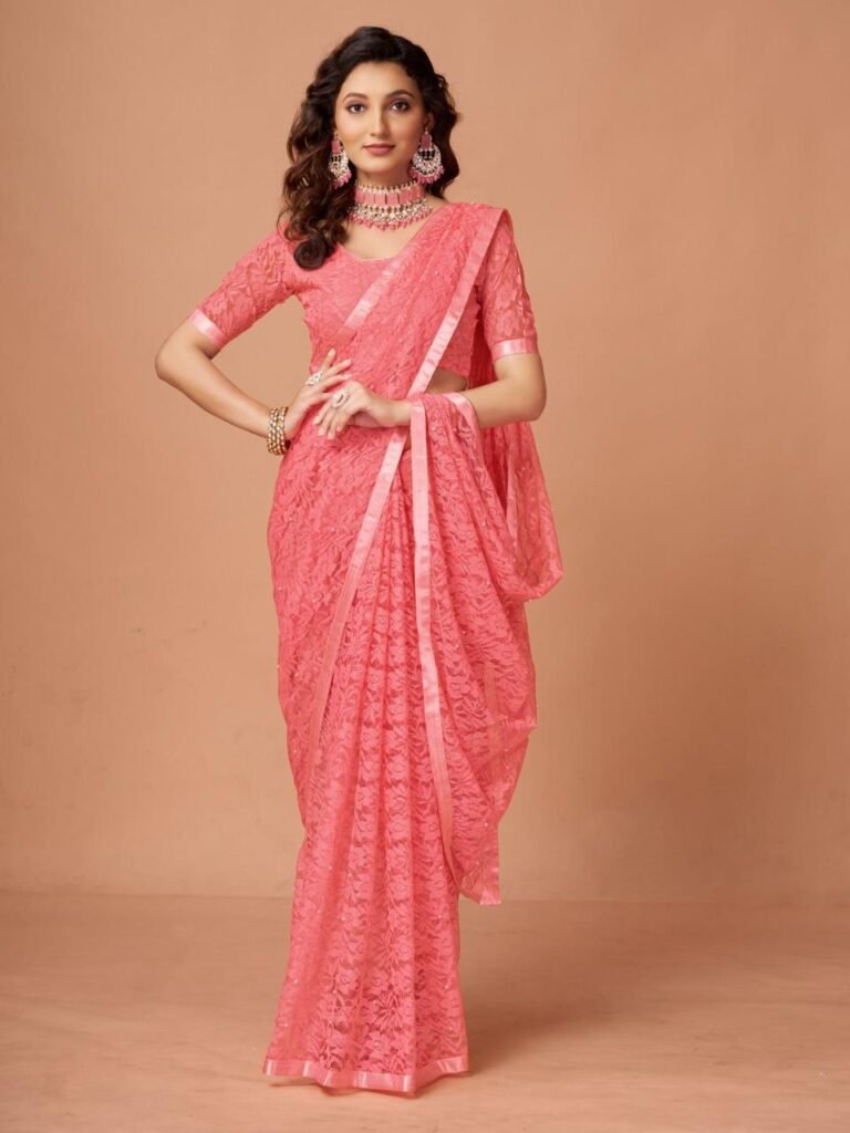 Light Red Colour SOFT NET SAREE - SareesWala.com