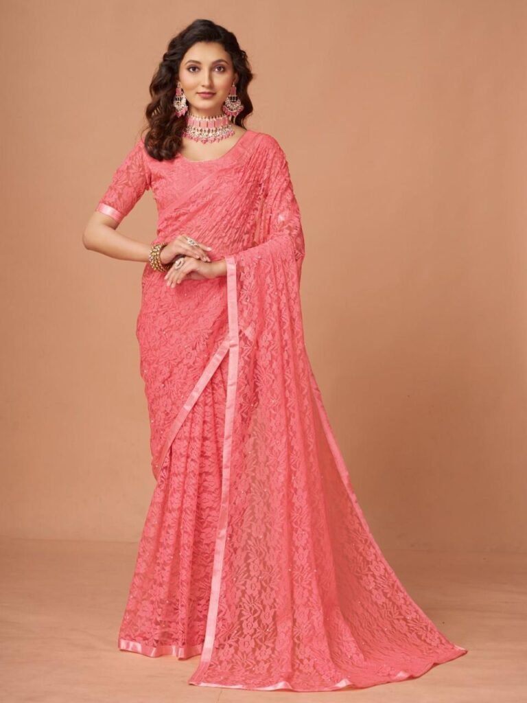 Light Red Colour SOFT NET SAREE - SareesWala.com