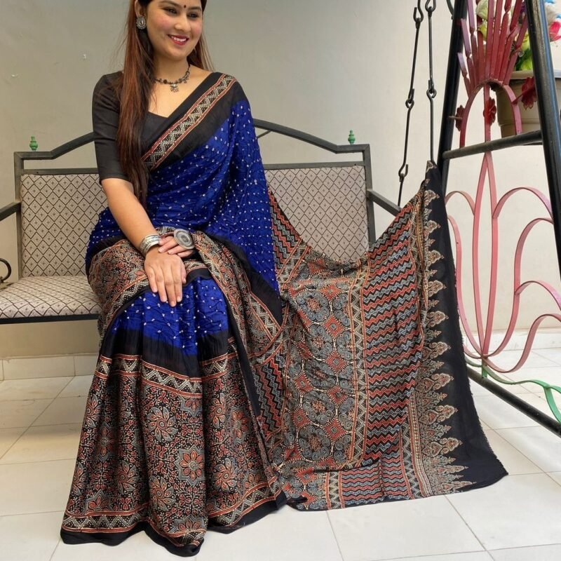 Nevy Blue Colour Ajrakh Digital Print Muslin fabric Saree - SareesWala.com