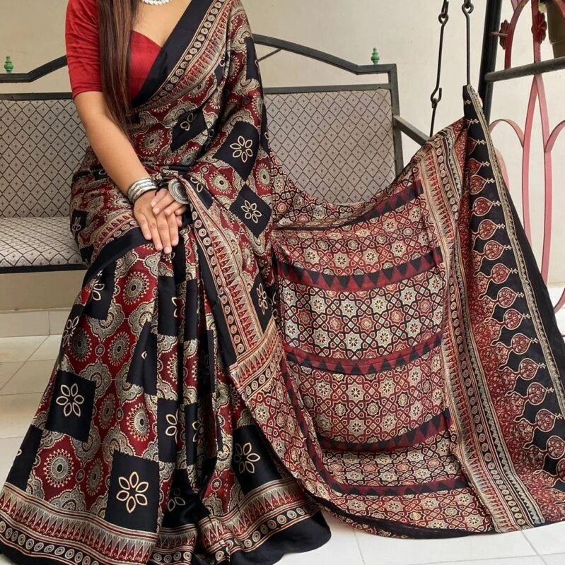 Red Black Colour Ajrakh Digital Print Muslin fabric Saree - SareesWala.com