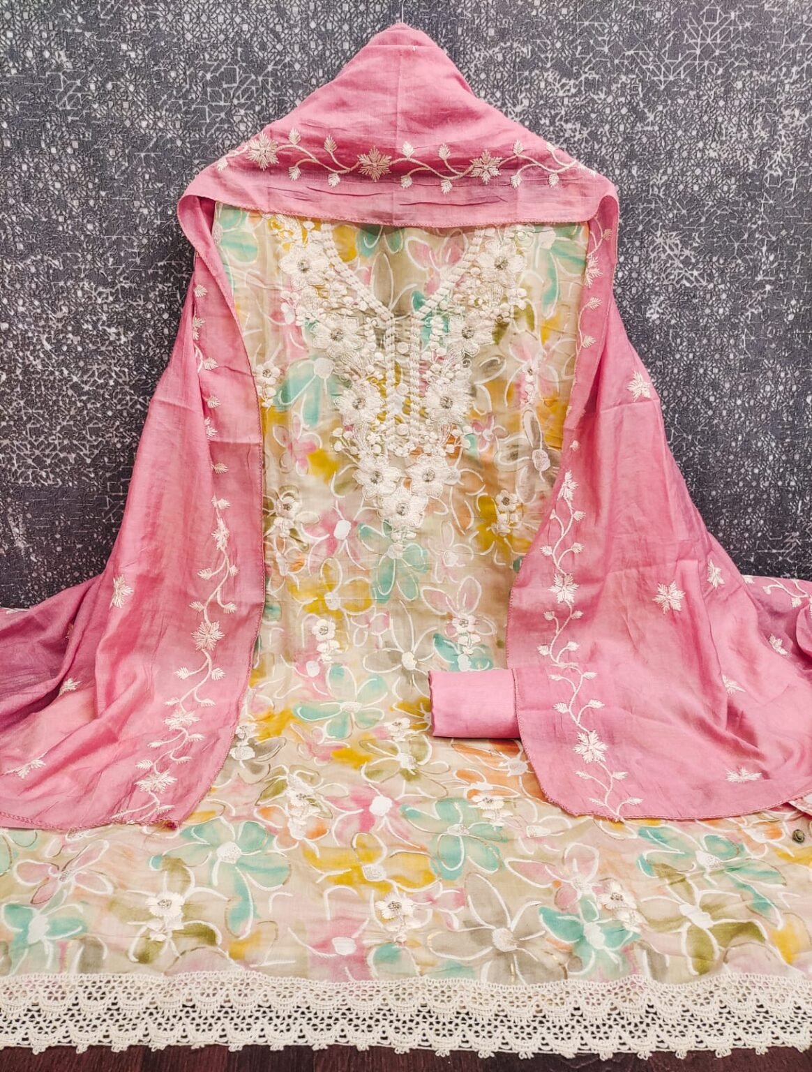 Floral Roman Silk Pakistani Dress Material with Chanderi Dupatta ...